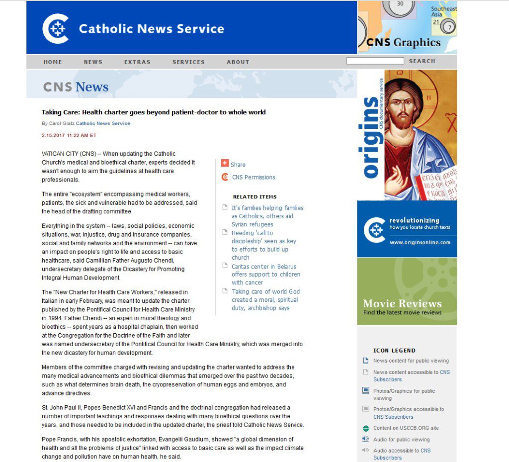 Catholic News Service – Taking Care: Health charter goes beyond patient ...